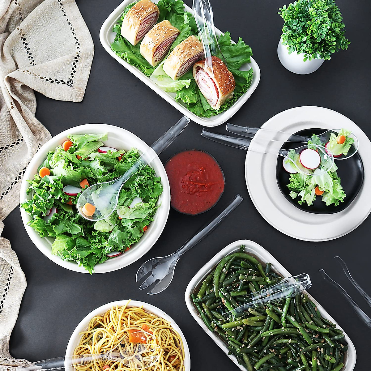 Set of 54 - Heavy Duty Disposable Plastic Serving Utensils, Four 10” Spoons and Forks, Four 6-1/2” Tongs,Clear