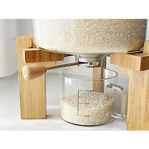 GIVEROO Rice Dispenser, Rice Storage Container：Flour and Cereal Container with Airtight Lid and Wooden Stand, Glass Food Storge Container for Kitchen Organization and Pantry Store (5L)
