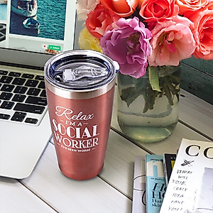 Mofvugz Social Worker Travel Mug Cup Tumbler, Social Worker Gifts for Women, Medical Office School Social Worker Cup Mug, Thermal Insulated Tumblers 20 Oz, MSW Graduation Gift(Rose Gold)