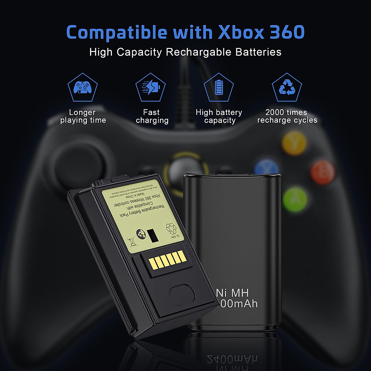 KEKUCULL Rechargeable Battery for Xbox 360 Controller, Charger Dual Charging Station Dock with 2 Pack Rechargeable Battery Compatible with Xbox 360