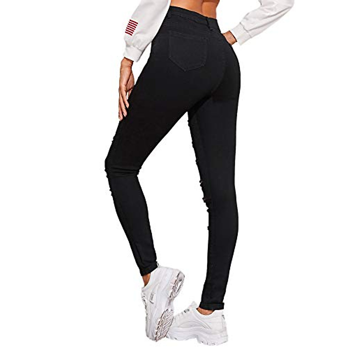 SweatyRocks Women's Hight Waisted Stretch Distressed Denim Pants Ripped Skinny Jeans Black M