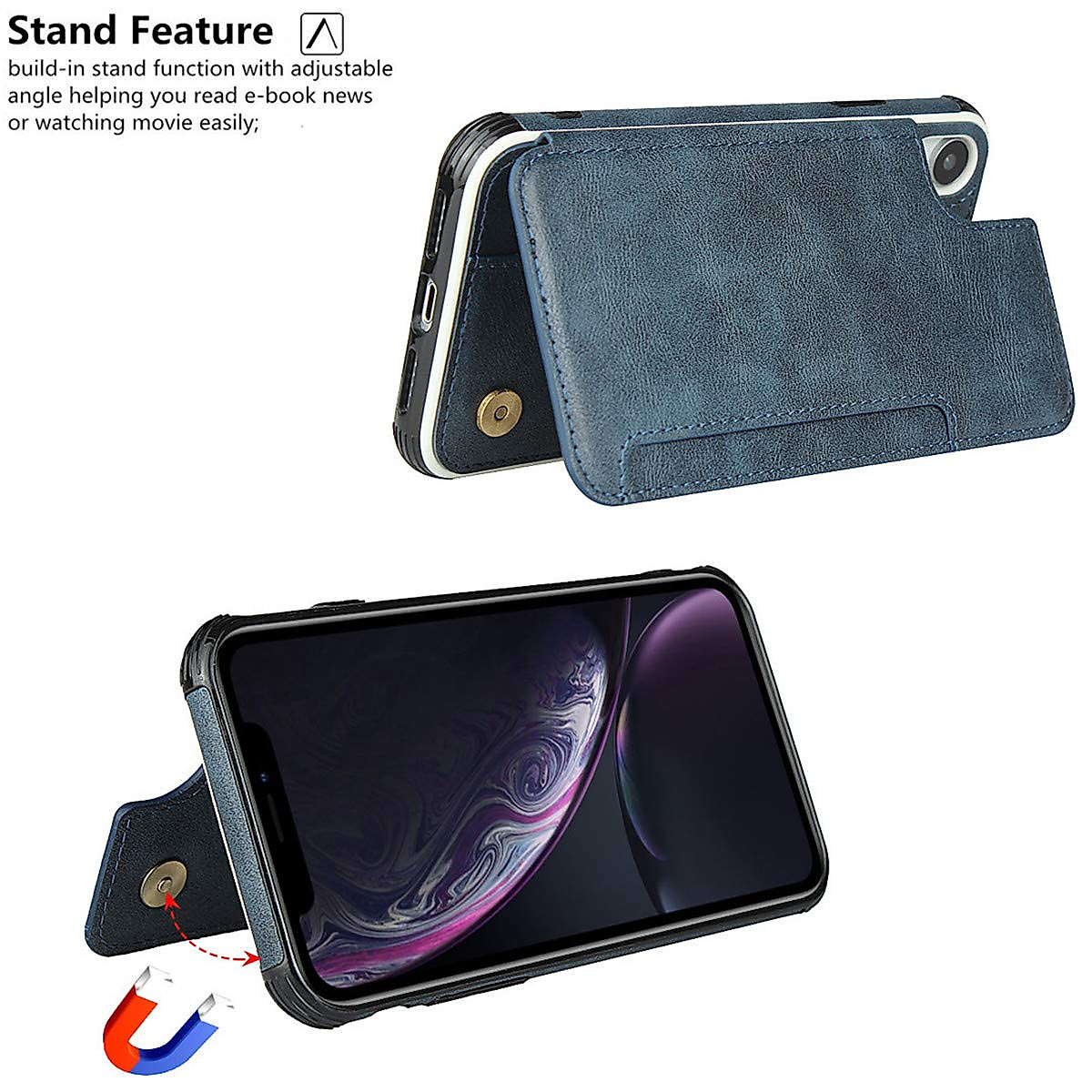 iCoverCase iPhone XR Wallet Case, iPhone XR Case with Card Slots Holder and Wrist Strap PU Leather Kickstand Double Magnetic Clasp Shockproof Cover Case for iPhone XR 6.1 Inch (Blue)