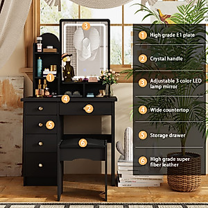AGOTENI Black Vanity Set with Mirror, Makeup Vanity Dressing Table with Lighted Mirror, 5 Drawers, Shelves, Dresser Desk and Cushioned Stool Set