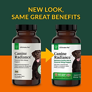ULTIMATE PET NUTRITION Canine Radiance Skin Allergy Support Supplement for Dogs, Omega-3 Skin Hydration, Antioxidants to Prevent Itching and Strengthen Coat, 60 Chewable Tablets
