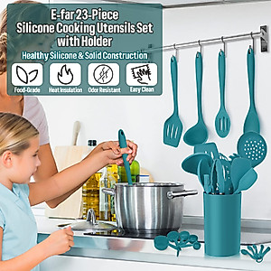 Silicone Kitchen Utensils Set, E-far 23 Pcs Blue Cooking Utensils Tools with Holder for Nonstick Cookware, Include Spatula/Spoon/Ladle/Tongs/Turner, Heat Resistant & Nontoxic, Dishwasher Safe
