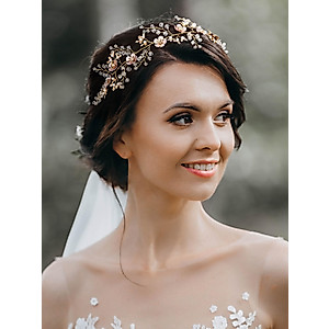 SWEETV Rose Gold Wedding Headband for Bride, Floral Bridal Headband Rhinestone Headpiece Wedding Hair Accessories