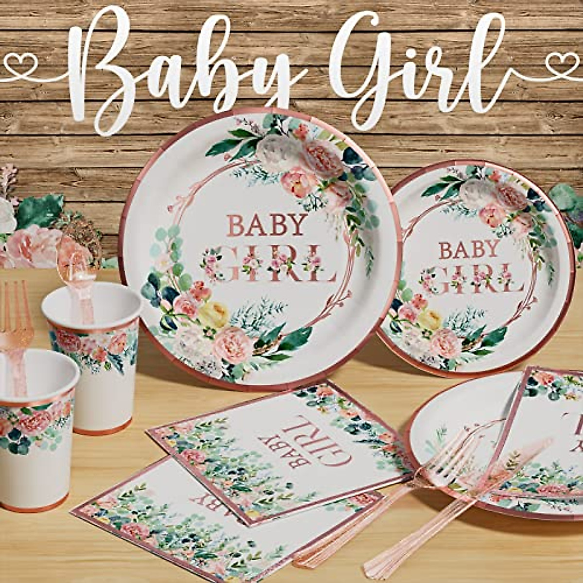 Ecomore Baby Shower Decorations for Girl - 249 PCS Baby Girl Gender Reveal Party Supplies & Disposable Dinnerware Set (25 Guest) with Pink Rose Gold Floral Paper Plates Backdrop Tablecloth Balloon Kit