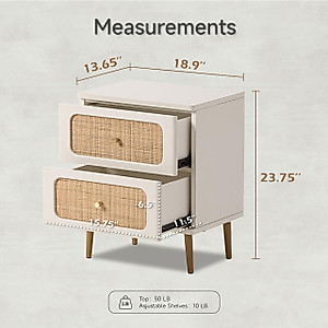 LONYKE Wicker Rattan Nightstand Set of 2, 2-Drawer End Table White Finish Side Table for Small Spaces, Modern Farmhouse Wooden Bedside Table, Boho Mid-Century Coastal Storage Cabinet