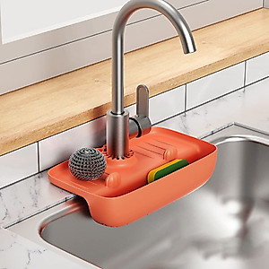 EastVita Kitchen Sink Storage Rack,Faucet Splash-Proof Draining Rack,Non-Slip Sink Water Collection Pad Kitchen Rag Sponge Wipe Sink Tray Holder Drain Basket for Various Countertops Orange