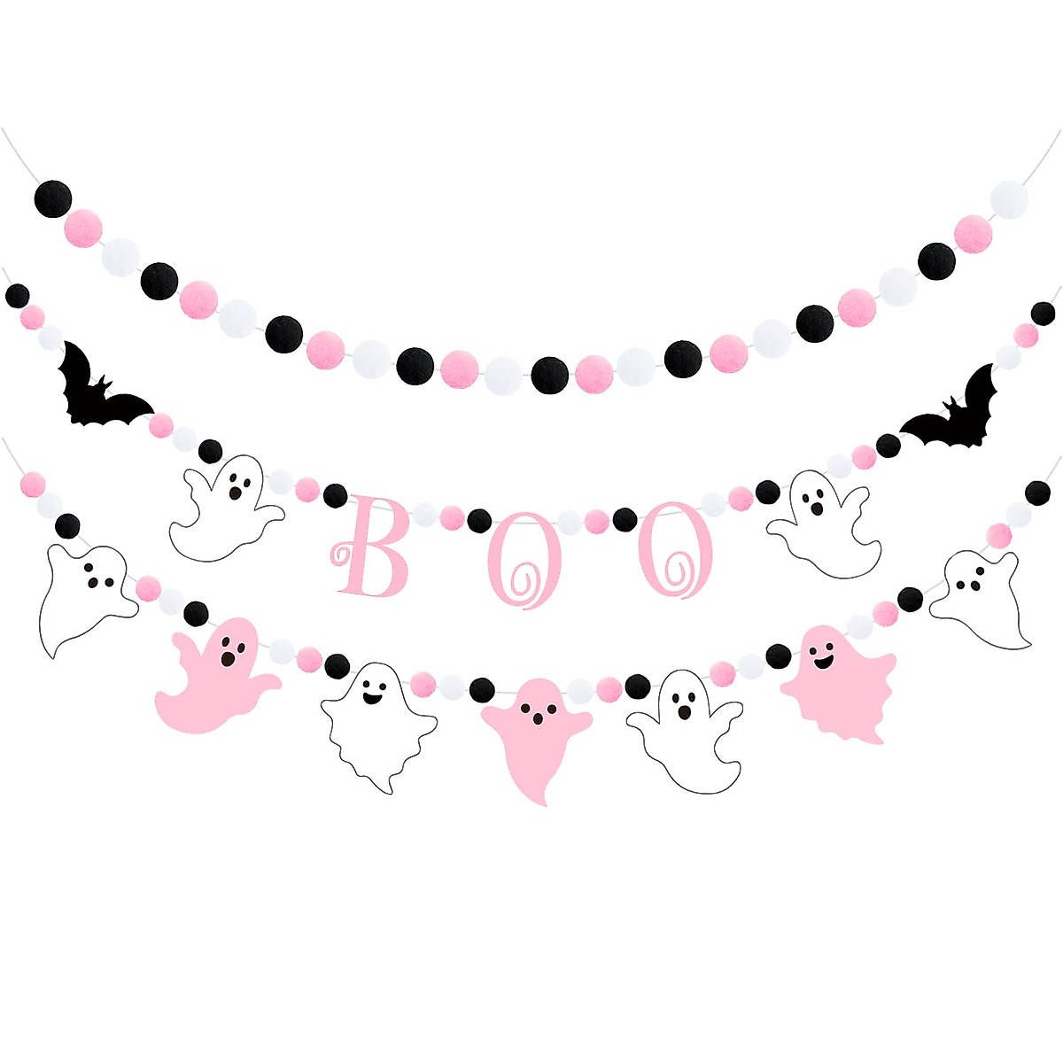 Doumeny 3pcs Halloween Boo Felt Garlands Bat Hanging Banner Ghost Theme Ball Garlands Halloween Black Pink White Pom Pom Banner Halloween Party Felt Banner for Halloween Party Fireplace Home Decor