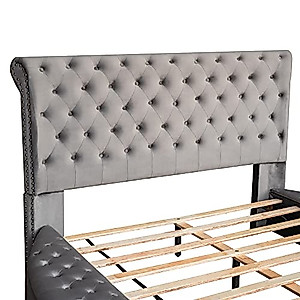 Queen Size Round Bed Frame with Storage Ottoman, Upholstered Low Storage Bed Frame, Velvet Tufted Queen Platform Bed with Headboard, Grey