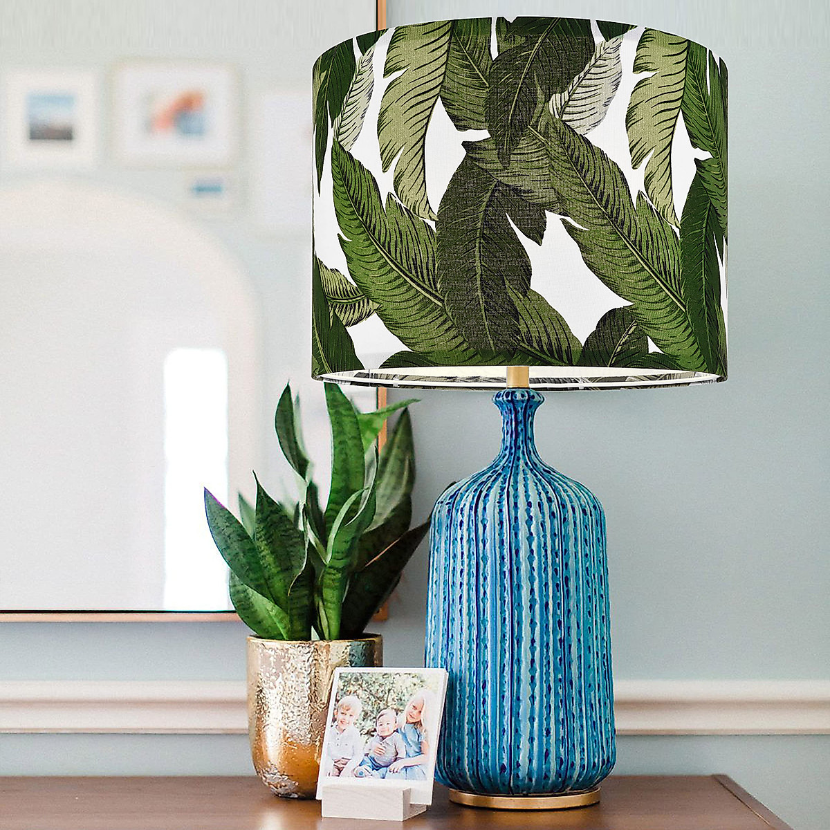 Tropical Lamp Shades - Natural Burlap Drum Lampshades with Greenery Leaf Print - 13" Top x 13" Bottom x 10" High - Ideal for Table & Floor Lamps - Hand Crafted - Farmhouse Decor - Assembly Required