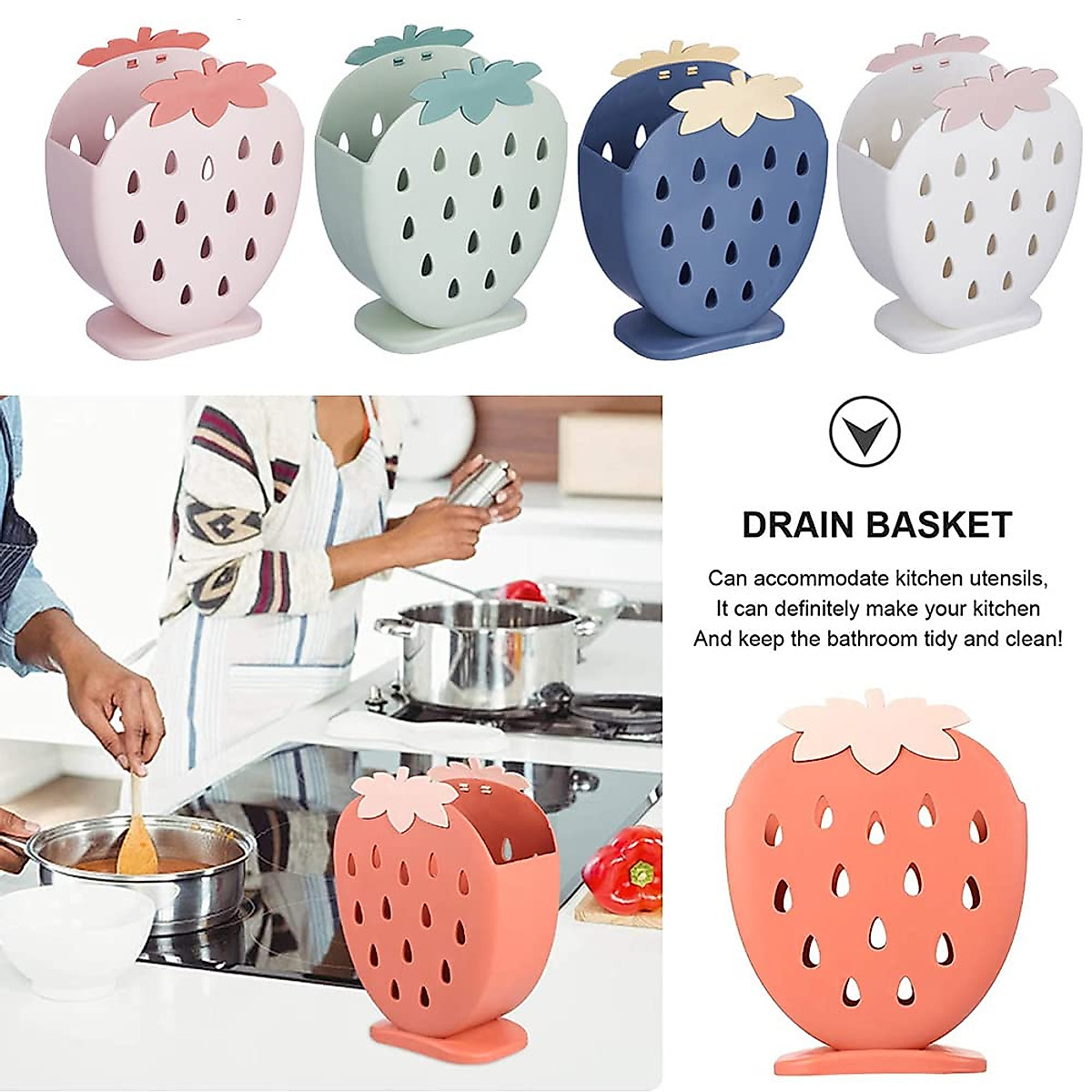 AKOAK 1 Pack Strawberry Chopsticks Stand, Cutlery Storage Box, Suitable for Storing Spoons, Chopsticks, Spoons, Knives and Other Kitchen Utensils (Date Red)