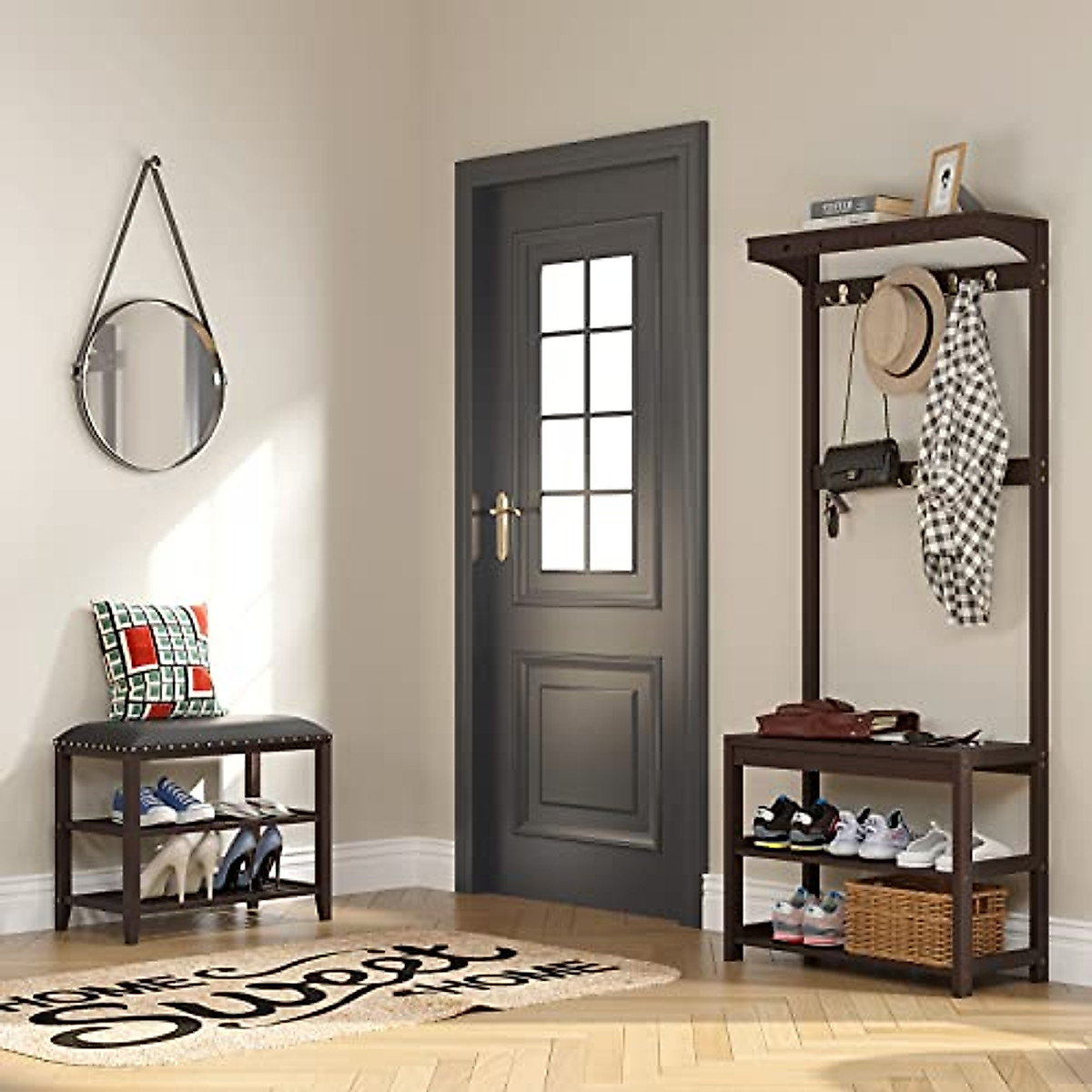 SEIRIONE Bamboo Coat Rack Shoe Bench, 5 in 1 Design Freestanding Hall Tree for Entryway Storage Organizer, 10 Hanger Hooks, 1 Upper Shelf, Easy Assembly,Dark Brown