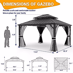 VONZOY 12' x 14' Hardtop Gazebo, Heavy Duty Double Roof Galvanized Steel Outdoor Metal Gazebo with Nettings & Curtains, Aluminum Gazebo with Vertical Stripes Roof for Patio, Backyard, Lawns [Grey]