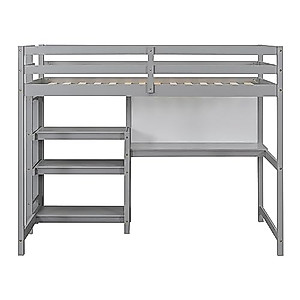 Epinki Twin Size Wooden Loft Bed with Shelves, Desk and Writing Board - Gray, Kids Bed, No Box Spring Needed, Easy Assembly