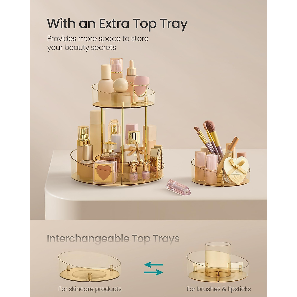 SONGMICS Makeup Organizer, 2-Tier Round Rotating Skincare Organizer, Extra Top Tray Included, Customizable, Large Capacity, Toiletries Vanity Organizer, Champagne Gold UJKA027A01