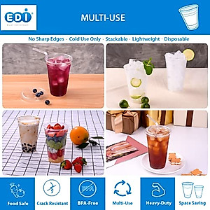 EDI [20 oz. - 100 Sets] Crystal Clear Disposable PET Plastic Cups with Flat Lids and Straws