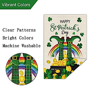 Spring St. Patrick's Day Garden Flag 12x18 Double Sided, Burlap Small Lucky Leprechauns Shamrock Welcome Yard Flag Banner Gold Coin Pot Rainbow Clover Sign for Home Outside Outdoor Decor (ONLY FLAG)