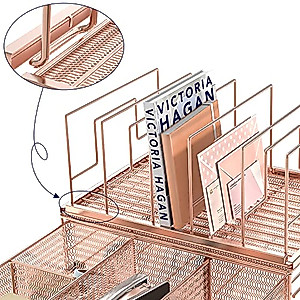 Cisily Desk Organizers and Accessories, 5 Vertical File Holders Home Office Supplies, Desktop Organization with Drawer and Pen Holders, Rose Gold