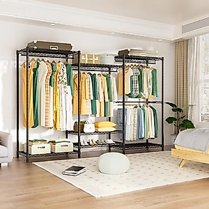 Ulif E8 Heavy-Duty Garment Rack, Freestanding Extra Large Clothes Rack with 7 Wire Shelves and 4 Hanger Rods, Closet Organizers and Storage System, 86.6"W x 14.5"D x 71.6"H, Max Load 880 LBS, Black