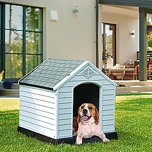 YITAHOME Large Plastic Dog House Outdoor Indoor Insulated Doghouse Puppy Shelter Water Resistant Easy Assembly Sturdy Dog Kennel with Air Vents and Elevated Floor (28.5''L*26''W*28''H, Gray)