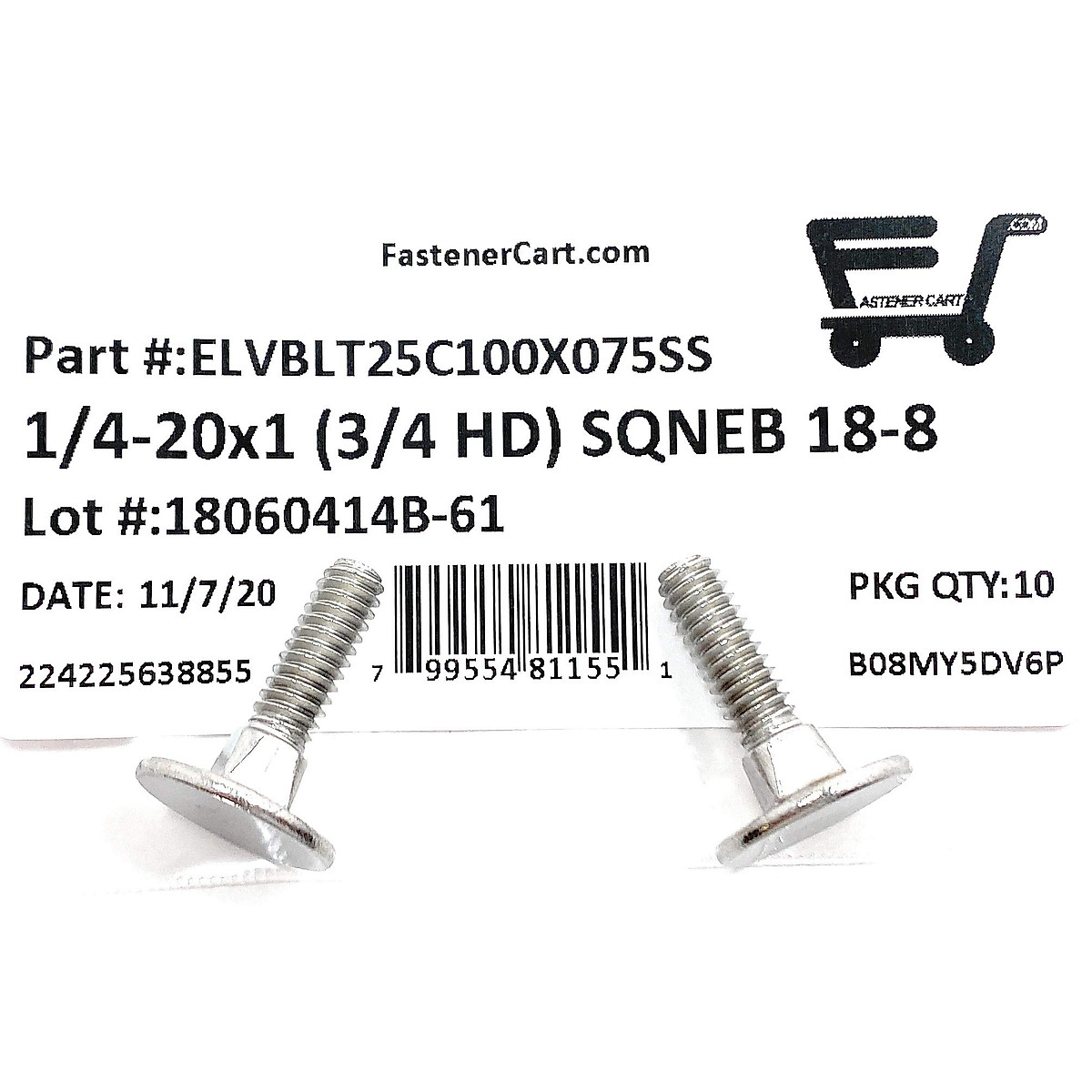 (10) 1/4-20x1 Stainless Steel Elevator Bolt Square Neck (3/4 Diameter Head) 18-8