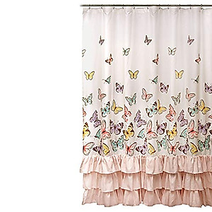 Lush Decor, Pink Flutter Butterfly Shower Curtain | Textured Ruffle Print Fabric Bathroom Decor, x 72, 72 x 72
