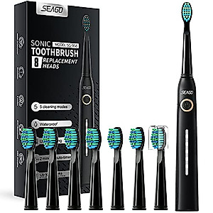 SEAGO Electric Toothbrush for Adults, with 8 Heads and 5 Modes, Rechargeable Sonic Tooth Brush One Charge for 30 Days, with 2 Mins Timer(Black)