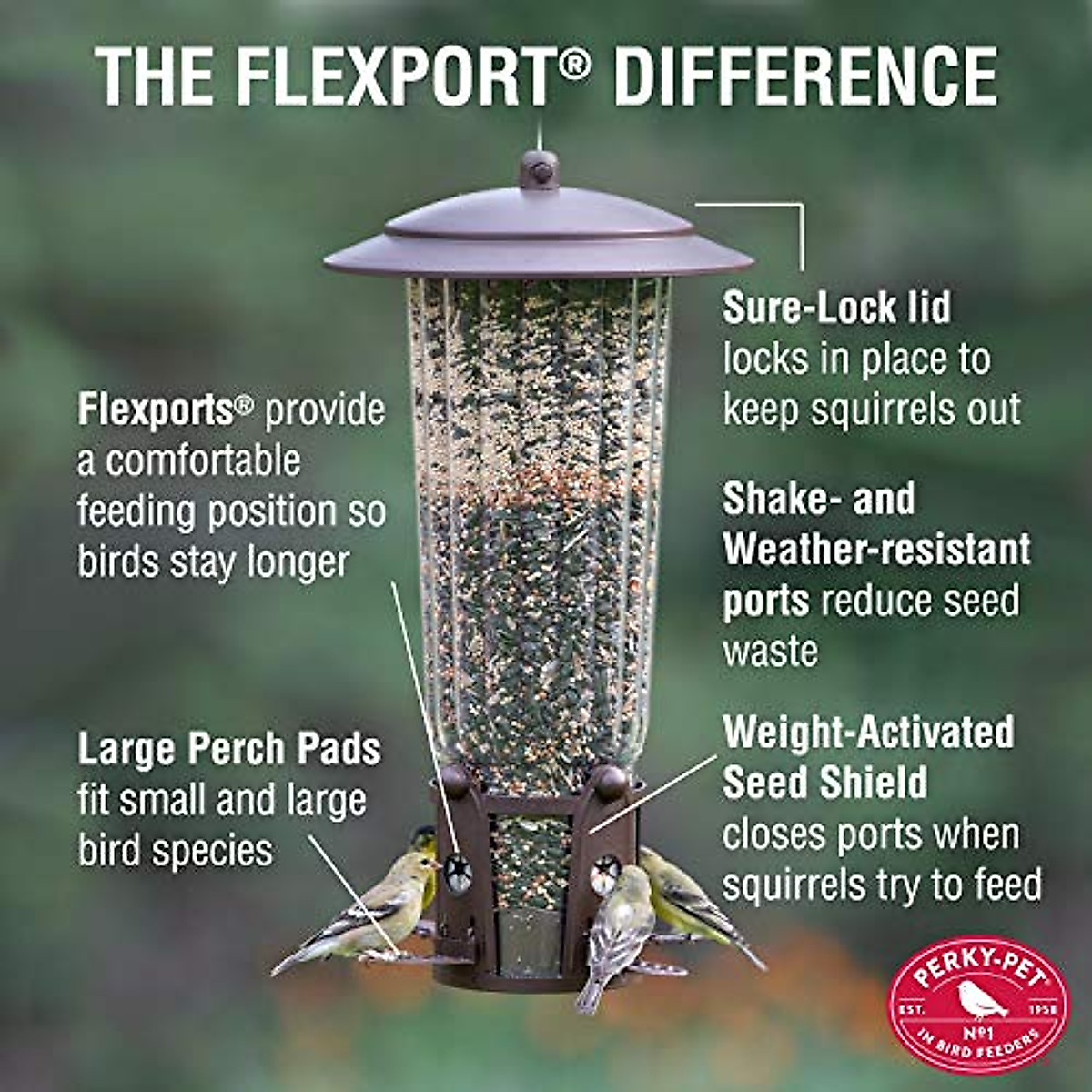 Perky-Pet 334-1SR Squirrel-Be-Gone Max Large Wild Bird Feeder with Flexports, Squirrel Proof Bird Feeder with Weight-Activated Perches - 4LB Seed Capacity