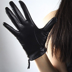 DooWay Short Black Touchscreen Real Leather Gloves, Imported Goatskin Leather Tassel Zipper Unique Pop Finger Gloves,size M