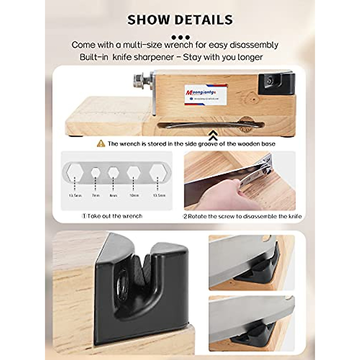 Moongiantgo Biltong Slicer Beef Jerky Cutter with Built-in Knife Sharpener Manual Meat Slicer Rubber Wood Base for Deli Bacon Ham Sausage Fruits Vegetables Herb Ginseng Pastry