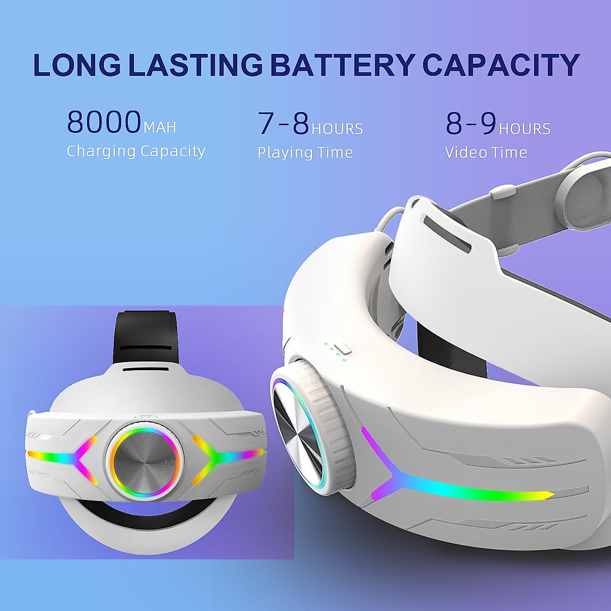 QWOS RGB Comfort Battery Head Strap 8000mAh Compatible with Meta Quest 3 Accessories, 20W Fast Charging, Extend 8hrs Playtime, Adjustable Battery Elite Strap for Enhanced Support and Balance in VR