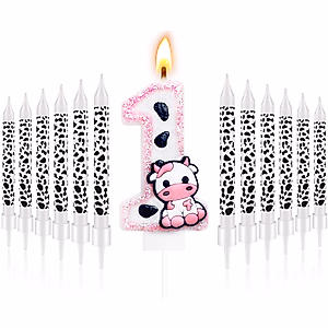 13 Pcs Cow Themed Birthday Candles - 0 to 9 Pink Cow Number Candle & Cow Print Birthday Candles, Cowgirl Theme Candle for Girls Birthday Party Decor, Holy Cow Im One Birthday Decorations (Number 1)