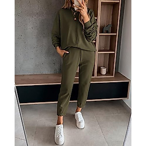 BTFBM Women's Fall Winter Sweatsuits Long Sleeve Sweatshirt Jogger Pants Lounge Sets 2 Piece Tracksuit Outfits Pockets(Solid Army Green, Medium)