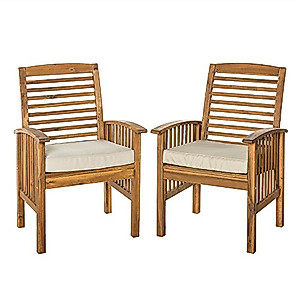 Walker Edison Rendezvous Modern 2 Piece Solid Acacia Wood Slat Back Outdoor Dining Chairs, Set of 2, Brown