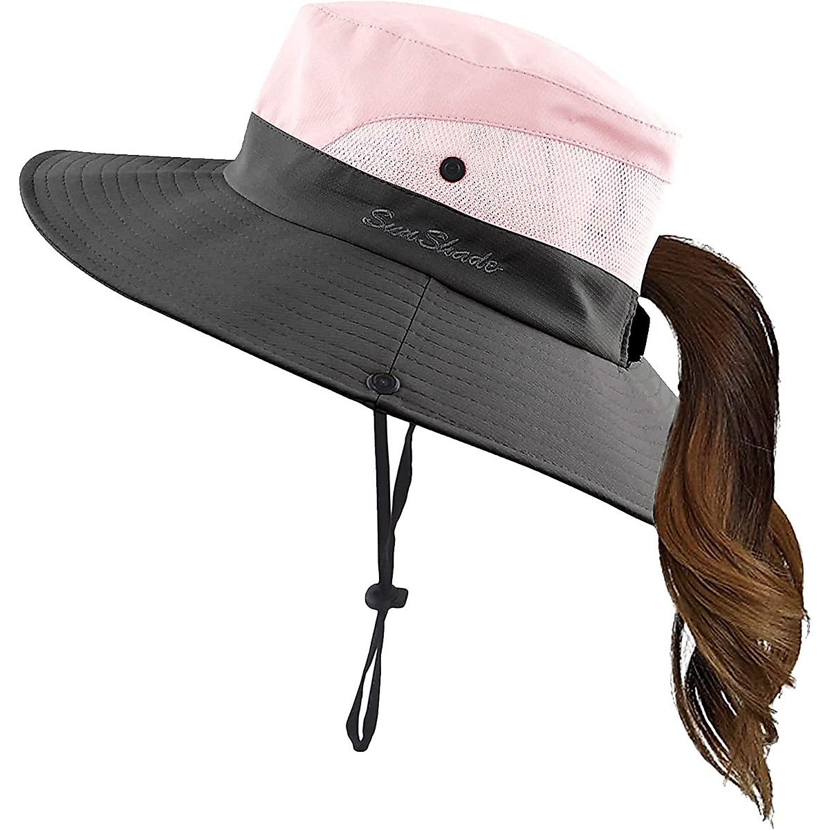 1 Pack Ponytail Sun Hat for Women UV Protection Fishing Hat Foldable Mesh Wide Brim UPF 50+ (Black)