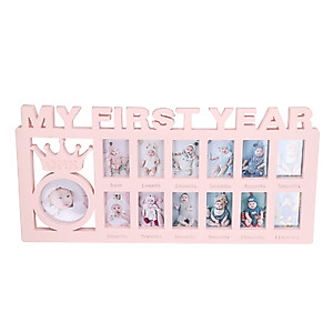 CHICIRIS Newborn Baby First Year Picture Frame with 12 Month Slots, Baby Monthly Collage Keepsake Frame for Photo Memories, White(pink)