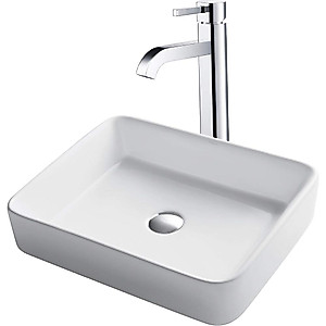 KRAUS 19-inch Modern Rectangular White Porcelain Ceramic Bathroom Vessel Sink and Ramus Faucet Combo Set with Pop-Up Drain, Chrome C-KCV-121-1007CH