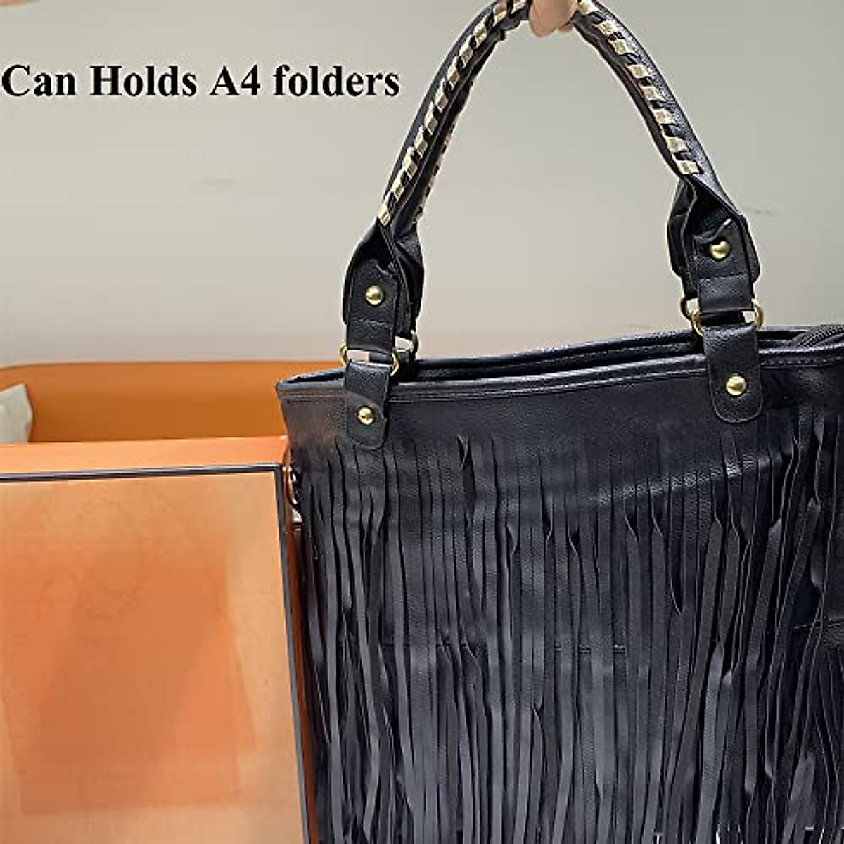 Downupdown Women Tassel Fringe Shoulder bag Big Tote Messenger Handbag Hobo Cross Body Bag (Black)