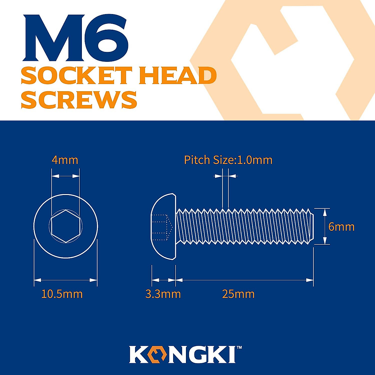 M6 x 25mm Button Head Socket Cap Screws 10.9 Grade Alloy Steel, Allen Socket Drive, Black Oxide Finish, Machine Thread, 100 PCS