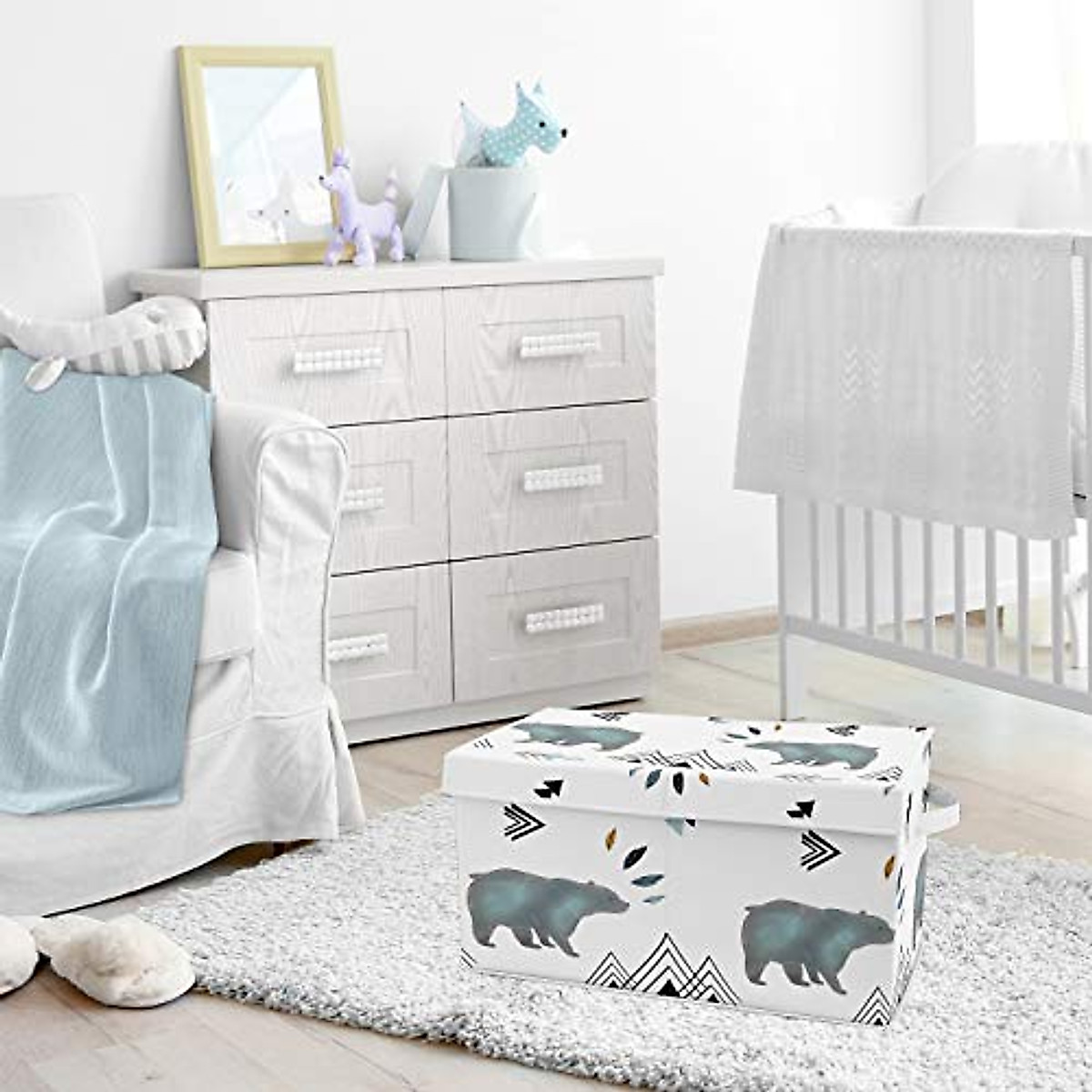 Sweet Jojo Designs Bear Mountain Boy Small Fabric Toy Bin Storage Box Chest For Baby Nursery or Kids Room - Watercolor Slate Blue, Black and White