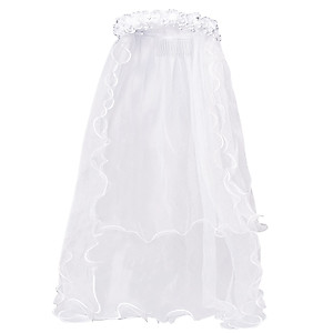 Lystaii Girls Bowknot Rhinestone Flower Veil Girls First Holy Communion Headband Hair Wreath Floral Crown Pearls Crystal Lace Headpiece Veil with Comb White for Wedding Party