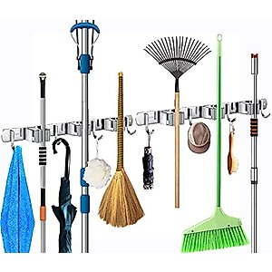 EVV Broom Holder Wall Mount 2 Packs Broom Holder Organizer with 3 Utility Racks 4 Hooks,Broom Mop Hanger,Organizer,Holder, Hooks,Storage for Laundry Room Garden Garage Closet Kitchen