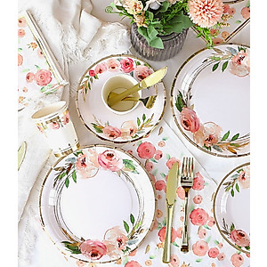 Floral Paper Plates and Napkins Party Supplies - Serves 16 - Flower Plates Floral Party Cups Knifes Forks Floral Baby Shower Decorations for Girl Pink and Gold Bridal Shower Tea Party Birthday