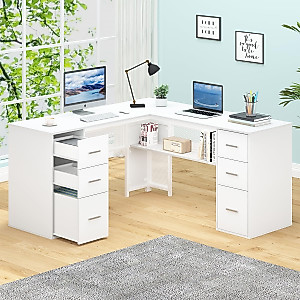HSH White L Shaped Desk with Drawers Shelves, Large Home Office Corner Computer Desk with Storage File Cabinet, Modern Metal Wood Desk for Executive Writing Study Workstation, 59 Inch Bedroom Table