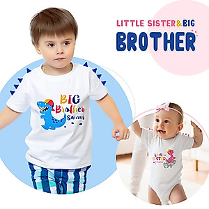WAWSAM Big Brother Little Sister Matching Outfits Dinosaur Sibling Shirts Set Gift, White, 3T(Kid)/0-3M(Baby NB)