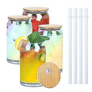 LEFIMOT 4 Pack Drinking Glasses with Bamboo Lids and Straw, 16oz Can Shaped Glass Cups Iced Coffee Cup Beer Glasses Cocktail Glasses Cute Tumbler Cup for Smoothie,Tea,Whiskey,Water,Gift
