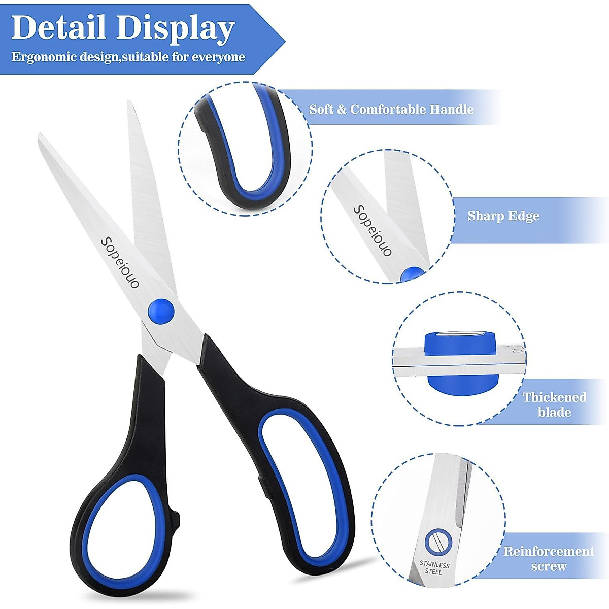 Scissors Set of 6-Pack, 8" Scissors All Purpose Comfort-Grip Handles Sharp Scissors for Office Home School Craft Sewing Fabric Supplies, High/Middle School Student Teacher Scissor, Right/Left Handed