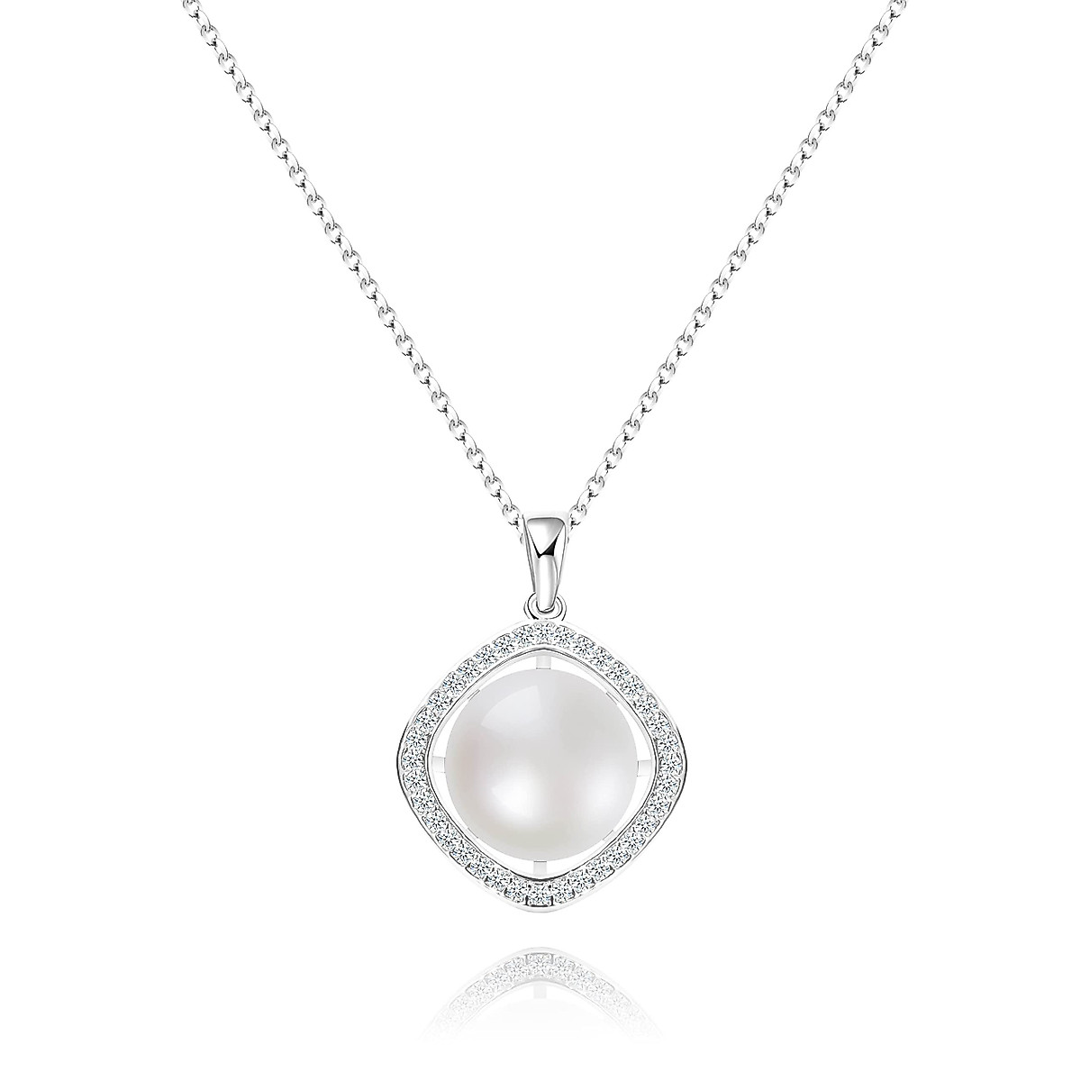 925 Sterling Silver Pearl Pendant Necklace | Freshwater Cultured White 9.5-10mm Real Pearl with Cubic Zirconia for Girl&Women-AKOCIDY